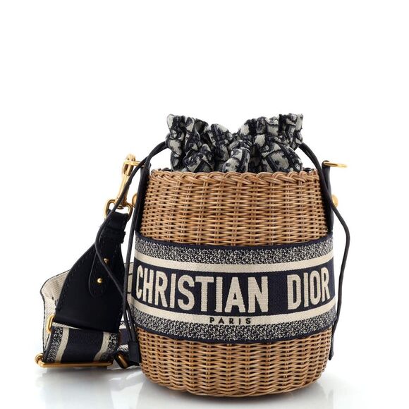 Dior | Bags | Christian Dior Drawstring Bucket Bag Wicker With Oblique ...